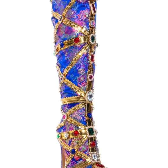 AKIRA | Shoes | Akira Blue And Gold Embellished Heeled Boots | Poshmark